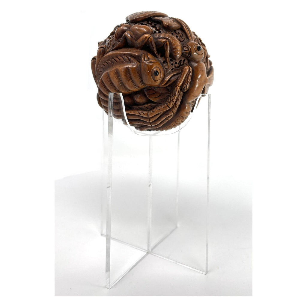 Chinese Netsuke-Style Hand-Carved Boxwood Sphere of Insects with Stand ...